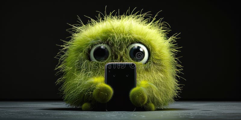 Furry Creature with Large Eyes Holding a Phone Stock Illustration ...