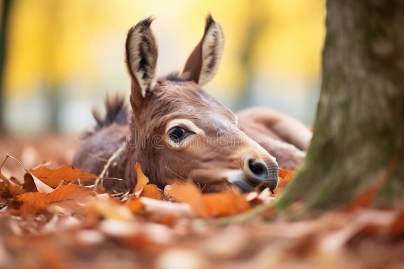 Furry Donkey Foal Lying on Fresh Autumn Leaves Under Tree Stock Image ...
