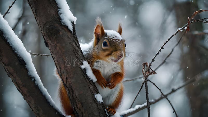 Furry Squirrel with Tufted Ears on a Snowy Tree Branch Stock ...