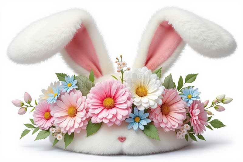 White Furry Bunny with Pink Ears and Colorful Floral Arrangement in ...