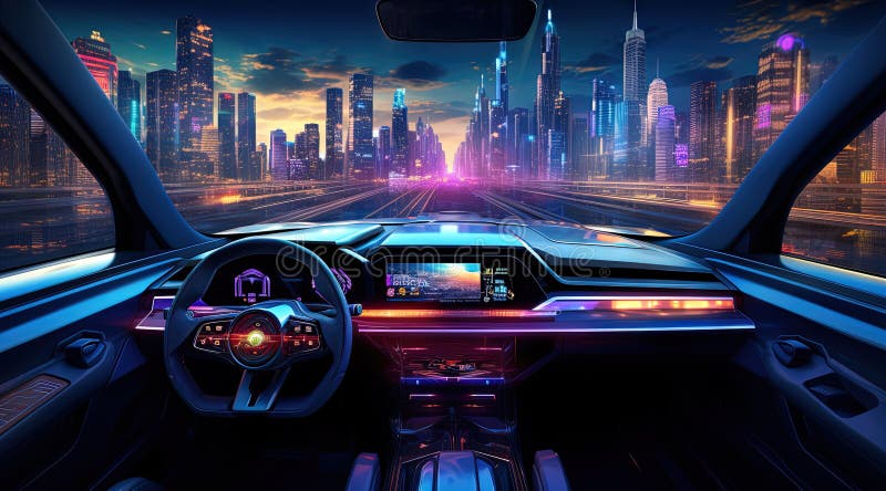Furutistic Car Dashboard in the Neon City.Synthwave or Cyberpunk ...