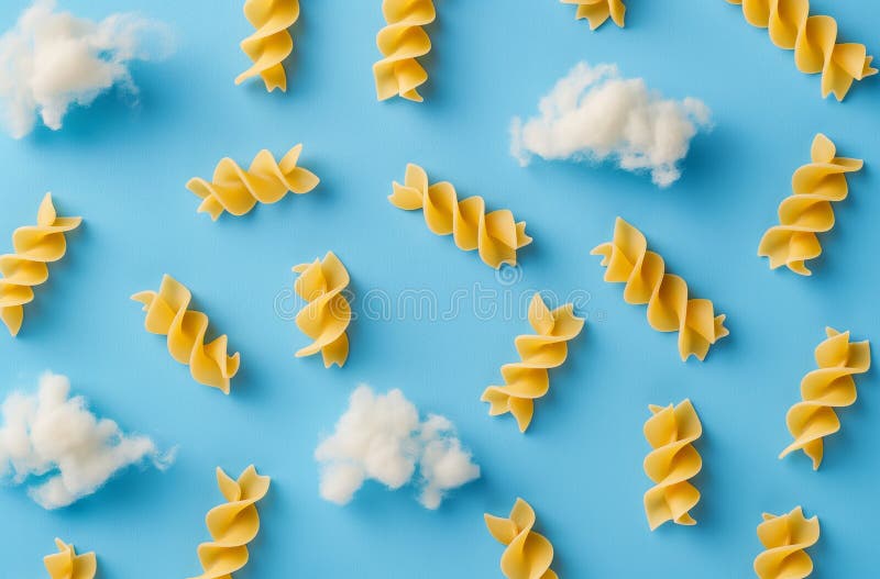 Fusilli Pasta and Cotton Clouds Floating on a Blue Sky Background Stock ...