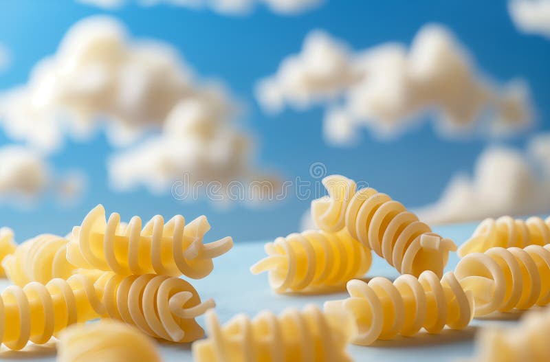 Fusilli Pasta Lying on a Table with Clouds in the Background Stock ...