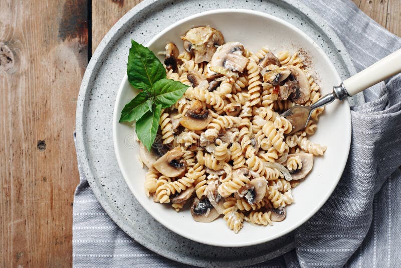 Fusilli Pasta with Mushrooms and Cheese Stock Image - Image of pepper ...