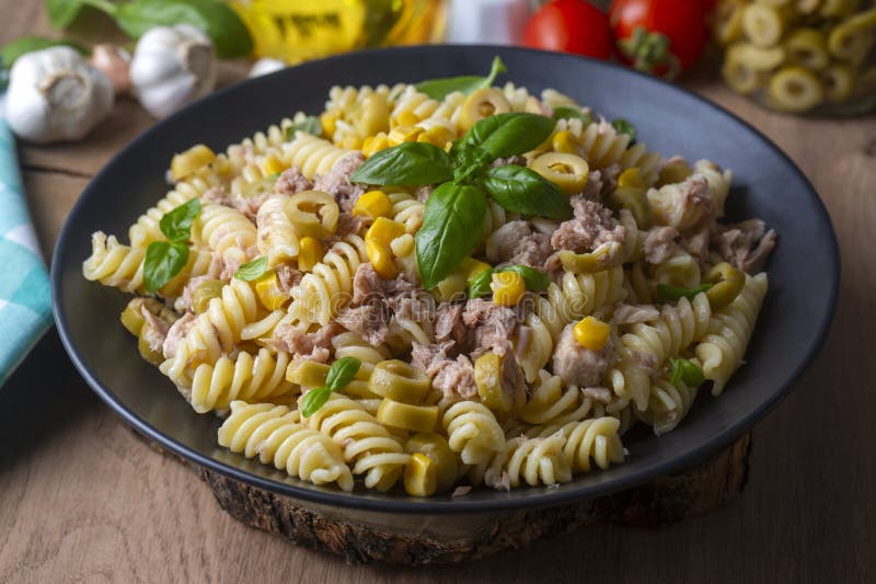Fusilli Pasta, Spiral or Spirali Pasta with Tuna Fish Stock Photo ...