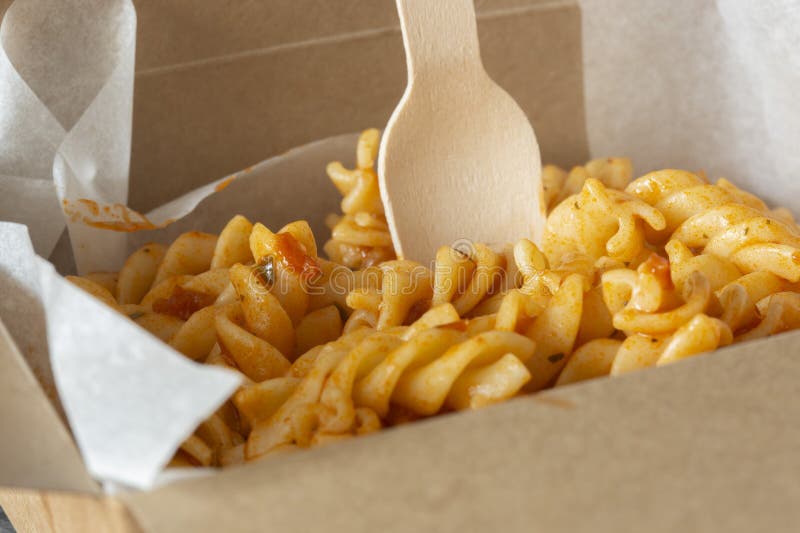 Fusilli Pasta in a Tomato and Herb Sauce Takeaway in a Cardboard Box ...