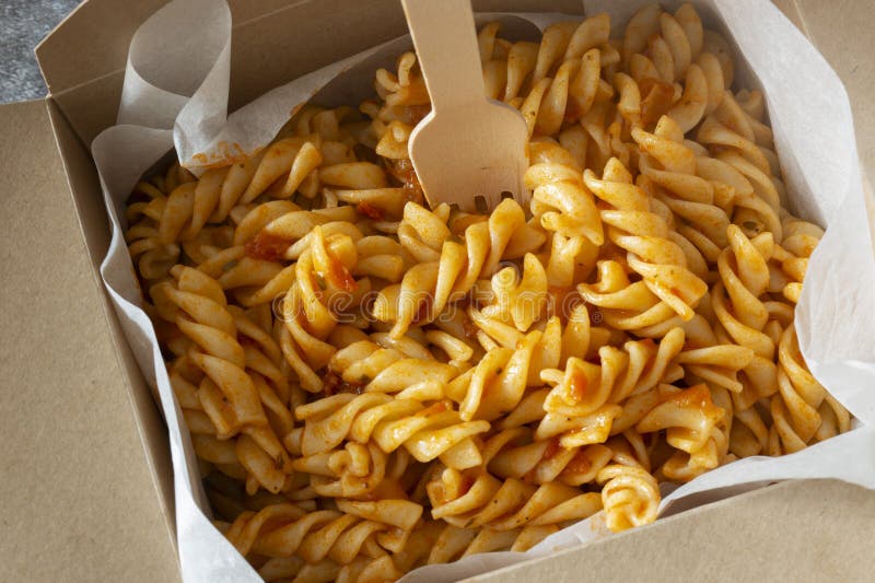 Fusilli Pasta in a Tomato and Herb Sauce Takeaway in a Cardboard Box ...