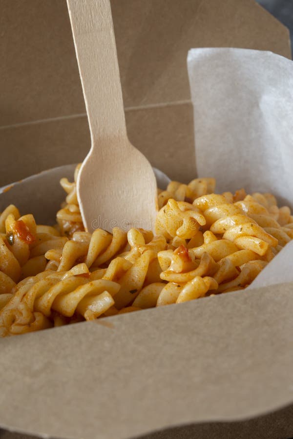 Fusilli Pasta in a Tomato and Herb Sauce Takeaway in a Cardboard Box ...