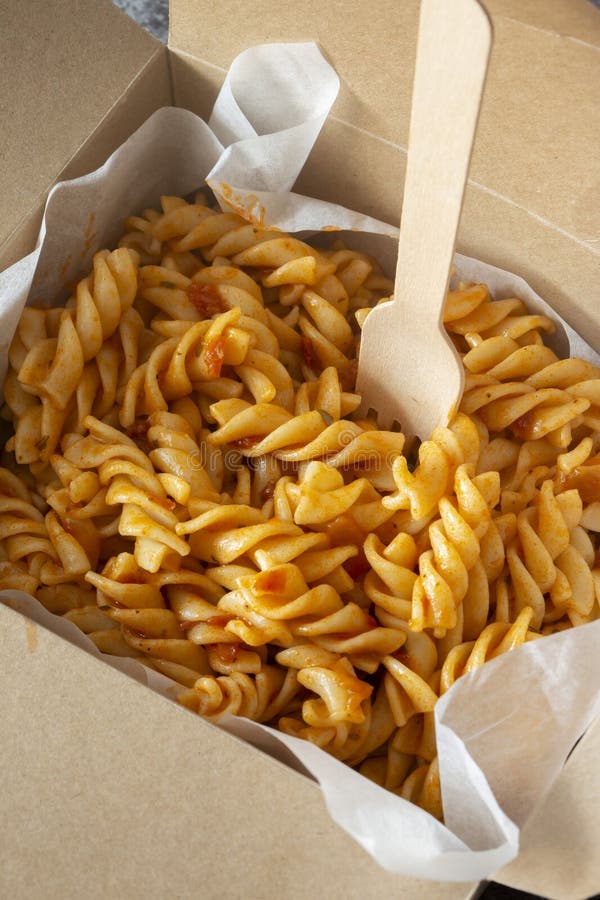 Fusilli Pasta in a Tomato and Herb Sauce Takeaway in a Cardboard Box ...