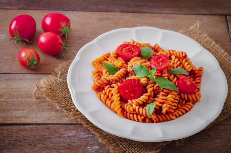 Fusilli Pasta with Tomato Sauce and Basil Stock Image - Image of fresh ...
