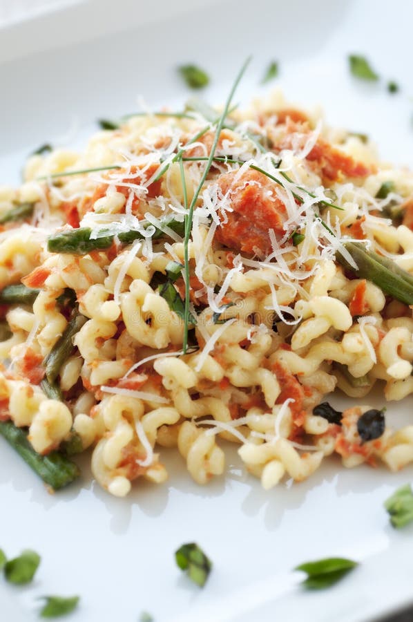 Fusilli with Salmon stock photo. Image of closeup, chives - 26189804