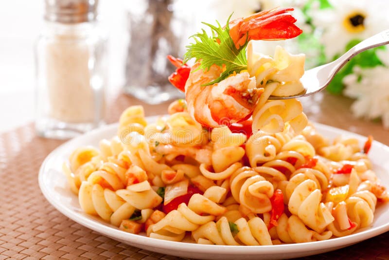 Fusilli with shrimp stock photo. Image of spice, shrimp - 102922182