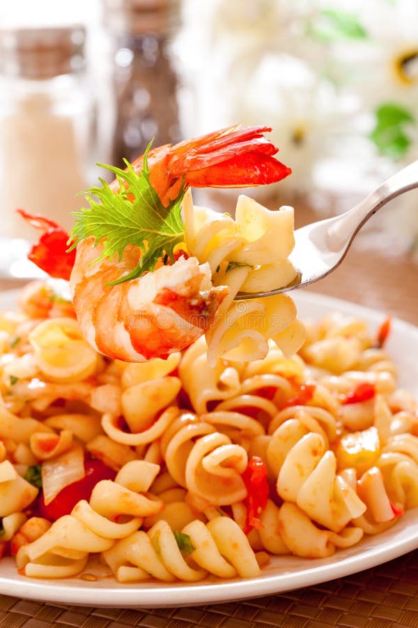 Fusilli with shrimp stock image. Image of pasta, ingredient - 103756005