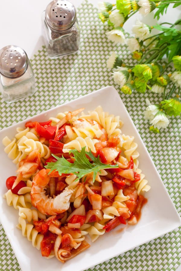 Fusilli with shrimp stock image. Image of gourmet, cooked - 115040679
