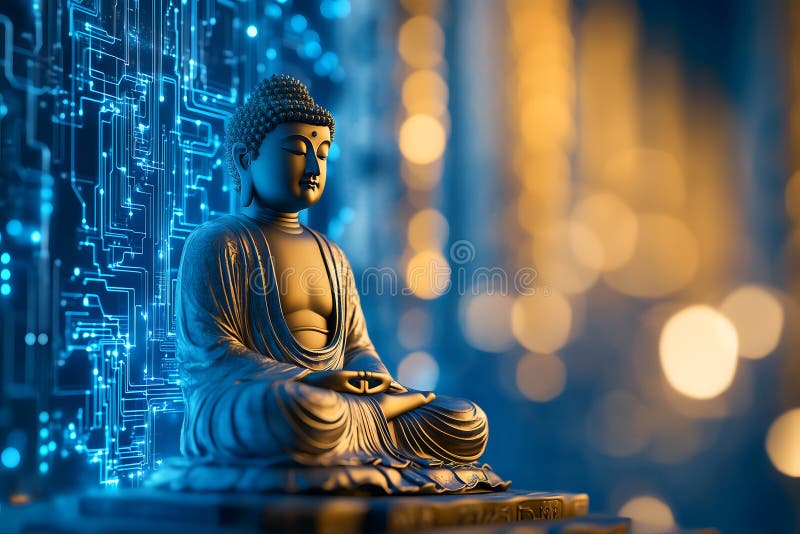 A Fusion of Wisdom Embodied by a Buddha Statue Against a Circuit Board ...