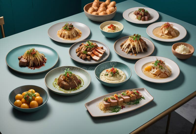 Fusion Food Shot with Table Setting Stock Illustration - Illustration ...