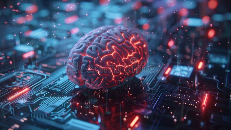 The Fusion of Intelligence and Technology Depicted by a Glowing Brain on a Circuit Board Stock ...