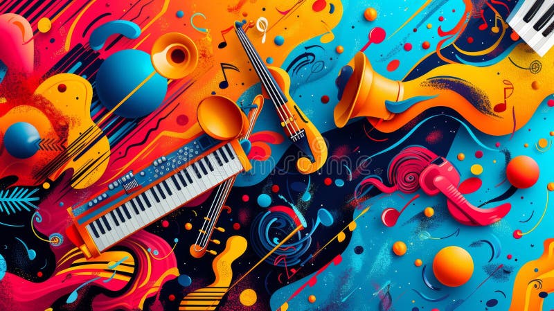 A Fusion of Musical Instruments and Funky Patterns in a Vibrant, Retro ...
