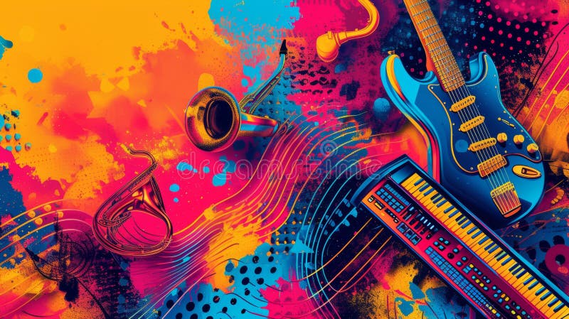 A Fusion of Musical Instruments and Funky Patterns in a Vibrant, Retro ...