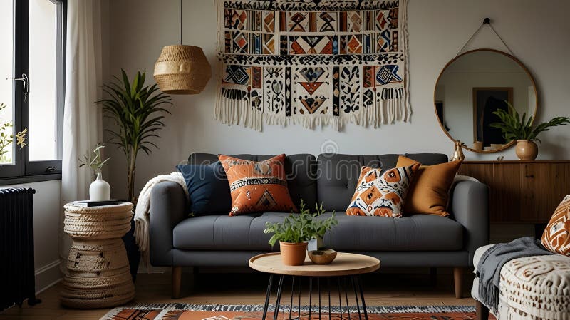 A Stylish Boho-themed Living Room with a White Sofa and Cozy Brown ...