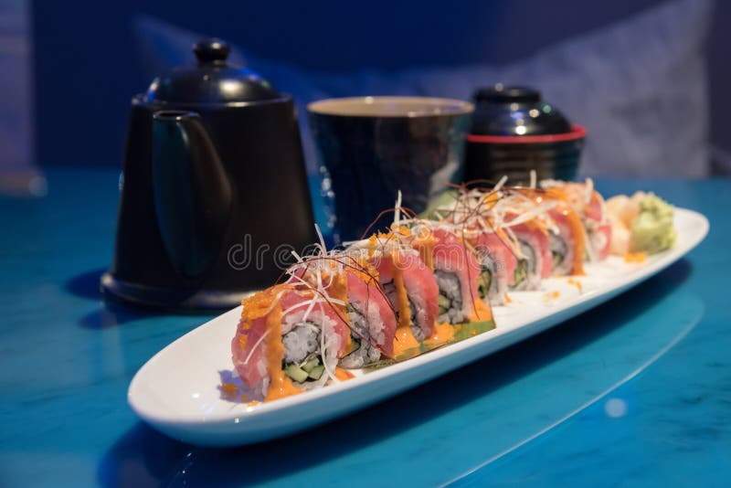 Fusion sushi row stock photo. Image of rice, dish, green - 54315214