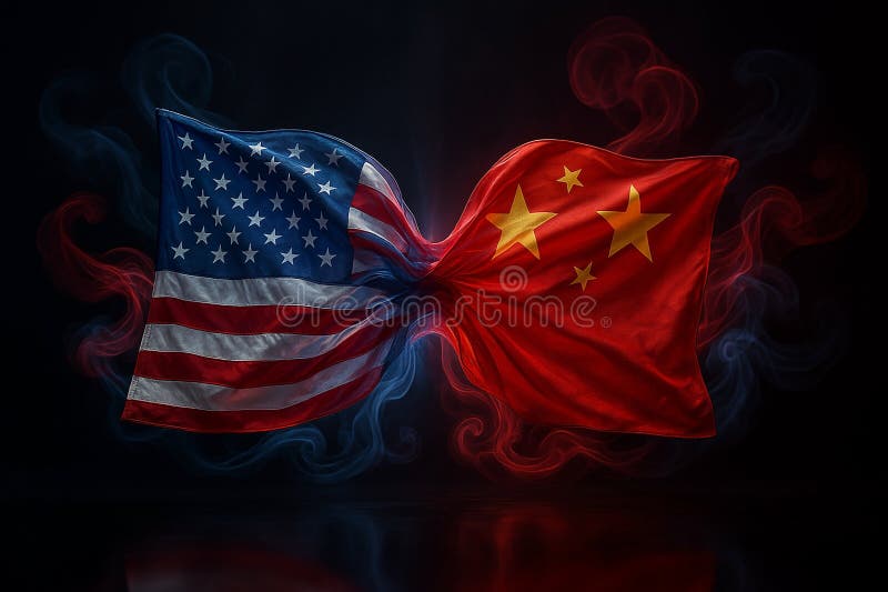 Fusion of US and China Flags in Smoke, Symbolizing Geopolitical Tension ...