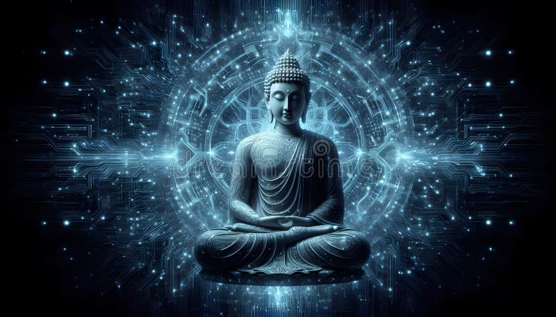 A Fusion of Wisdom Embodied by a Buddha Statue Against a Circuit Board ...