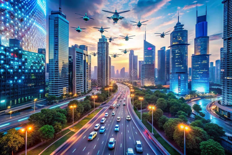 Future AI-Driven Cities stock illustration. Illustration of city ...