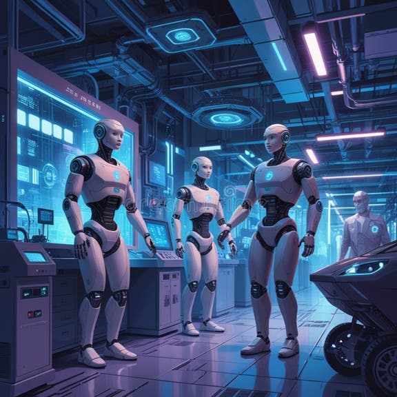 The Future of AI: Robots Collaborating in a High-Tech Lab Stock Photo ...