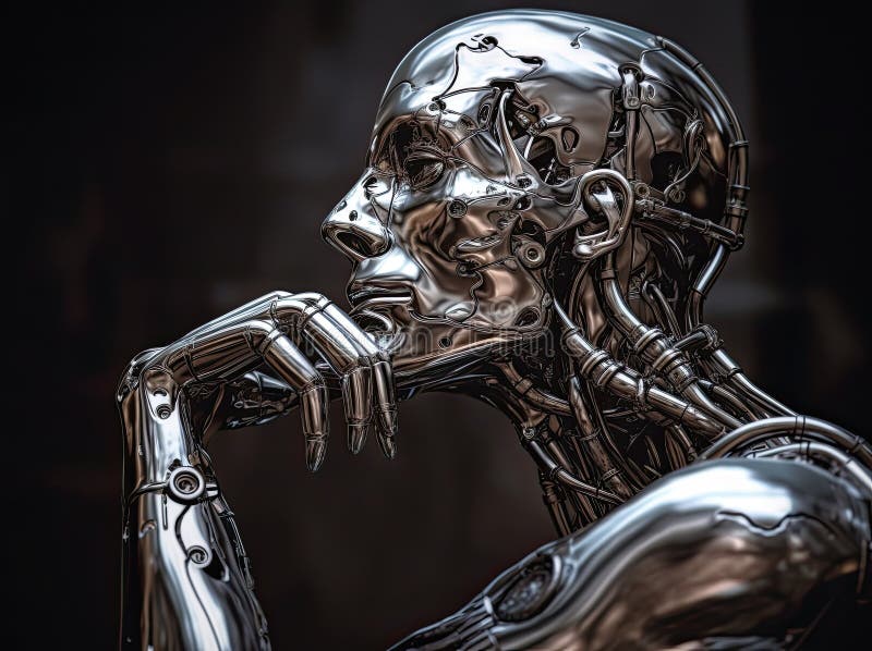 The Future is Already Here. Portrait of Humanized Robot Thinking ...