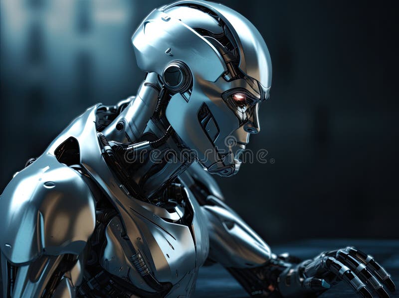 The Future is Already Here. Portrait of Humanized Robot Thinking ...