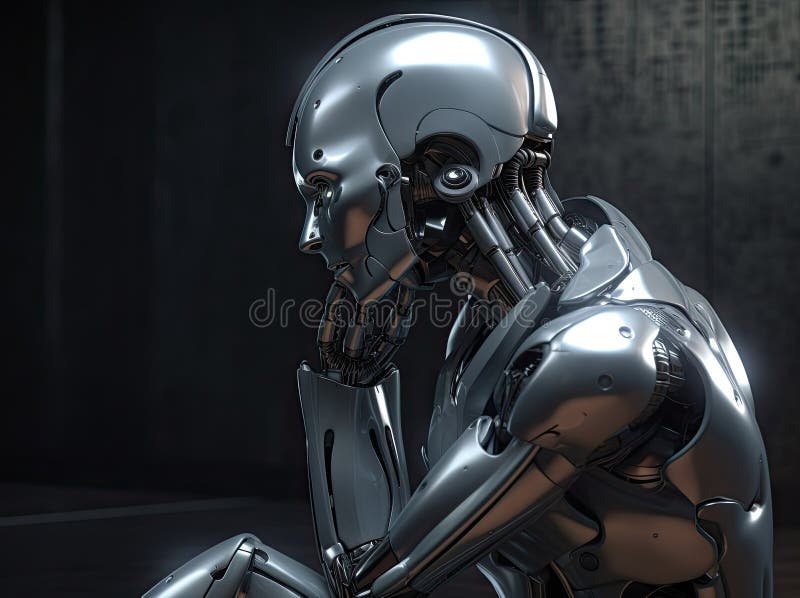 The Future is Already Here. Portrait of Humanized Robot Thinking ...