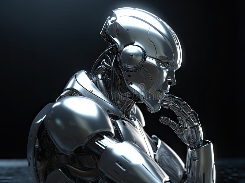 The Future is Already Here. Portrait of Humanized Robot Thinking ...
