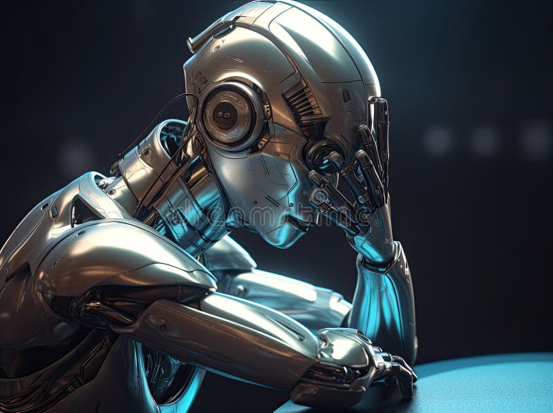 The Future is Already Here. Portrait of Humanized Robot Thinking ...