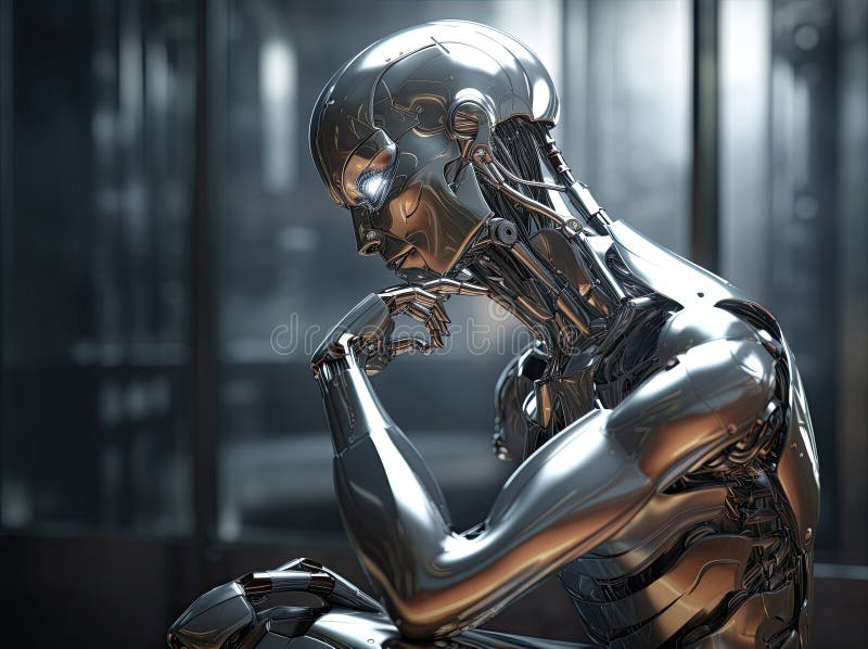 The Future is Already Here. Portrait of Humanized Robot Thinking ...