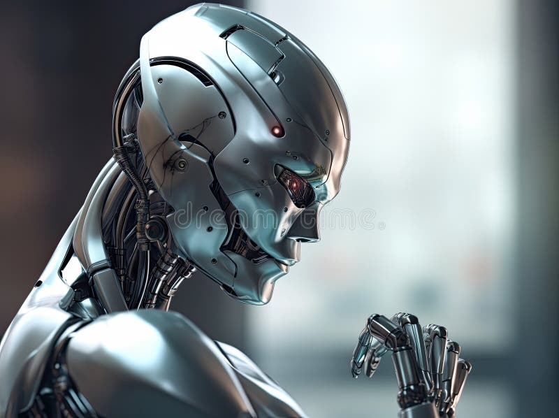 The Future is Already Here. Portrait of Humanized Robot Thinking ...