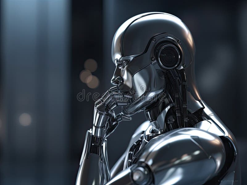 The Future is Already Here. Portrait of Humanized Robot Thinking ...