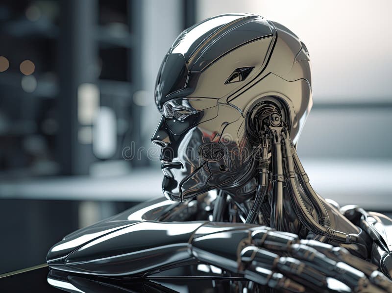 The Future is Already Here. Portrait of Humanized Robot Thinking ...