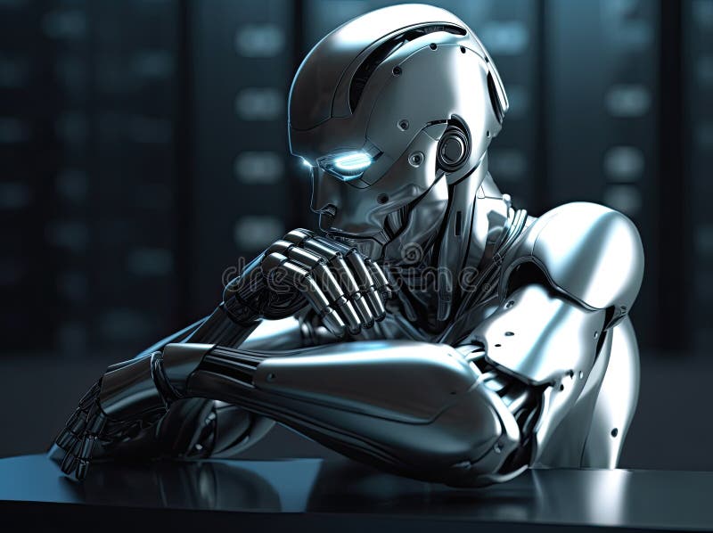 The Future is Already Here. Portrait of Humanized Robot Thinking ...