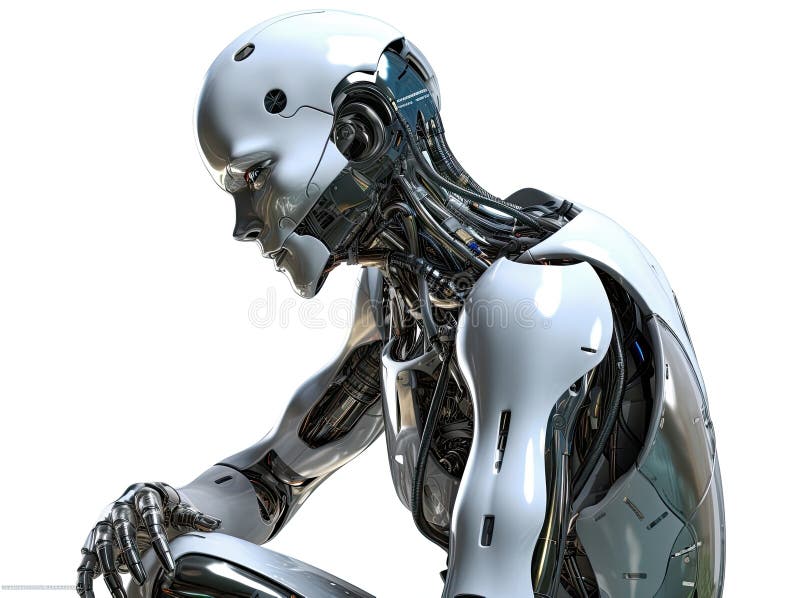 The Future is Already Here. Portrait of Humanized Robot Thinking ...