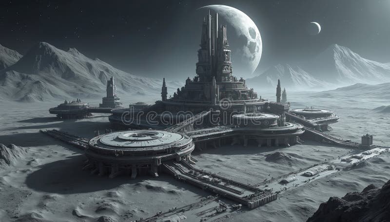 Future Base on Moon, Planet. Moon Colonization Concept. Sci-fi Outpost ...
