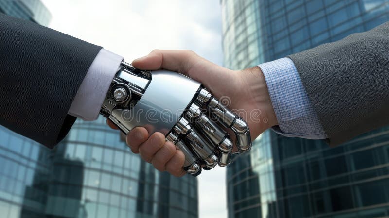 Future of Business Human and Robot Handshake Amidst Skyscrapers ...