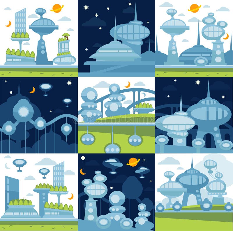 Future City Landscapes Set. Vector Stock Vector - Illustration of cover ...