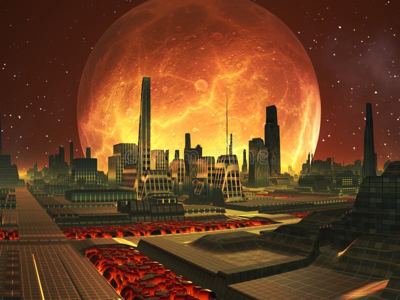 Future City on Lava Planet with Full Moon Stock Illustration ...