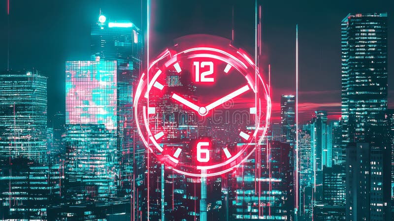 Future Cityscape with Massive Holographic Clock Shown on a Skyscraper ...