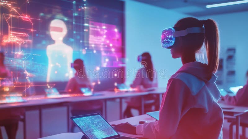 Future Classroom with VR Headset and Interactive Technology Stock ...
