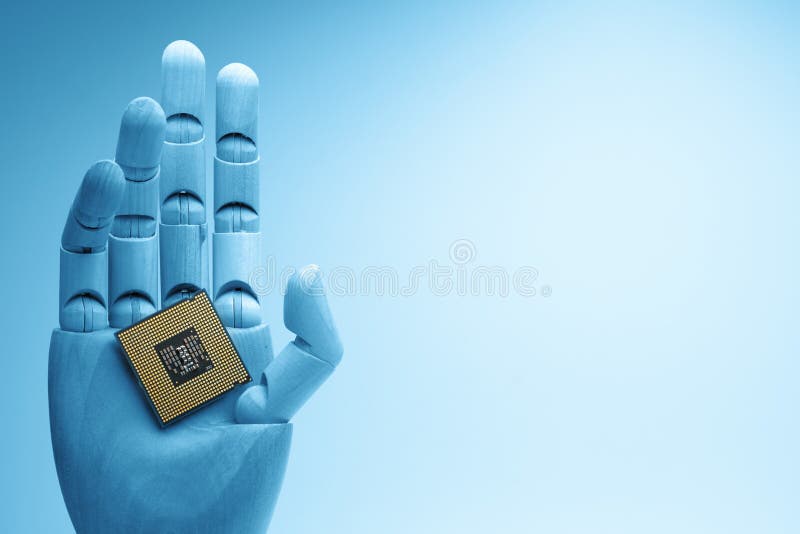 CPU in robotic hand stock photo. Image of closeup, chip - 118625464