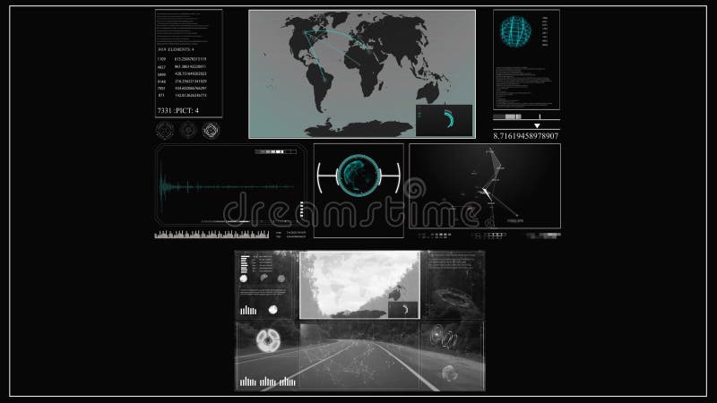 Future Concept Virtual Touch User Interface HUD with a World Map, Graphs, Hologram and Plexus ...