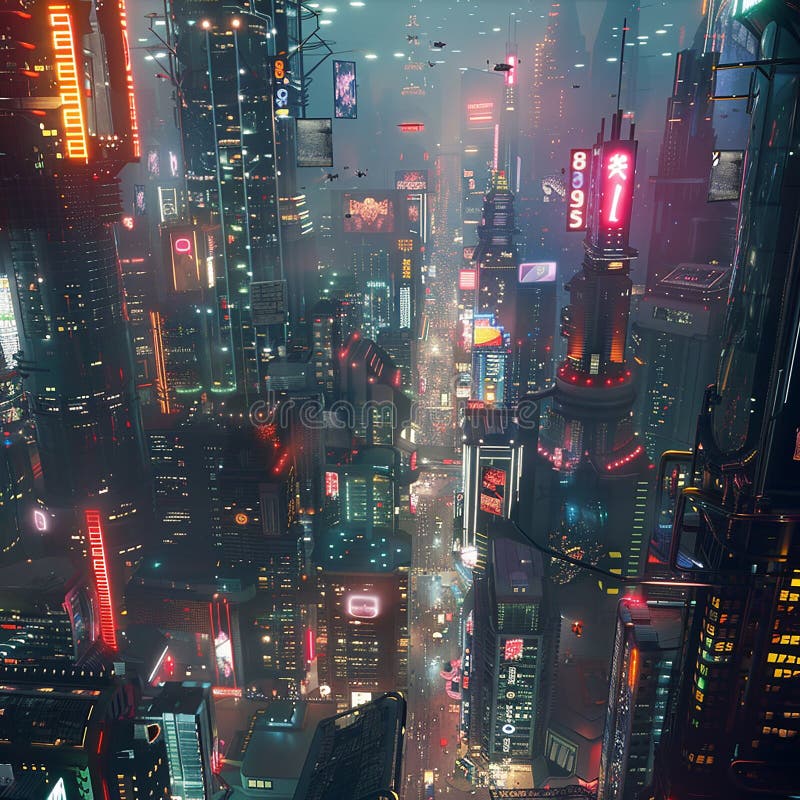 Future Cyber City with Large Technical Building and Lights Stock ...