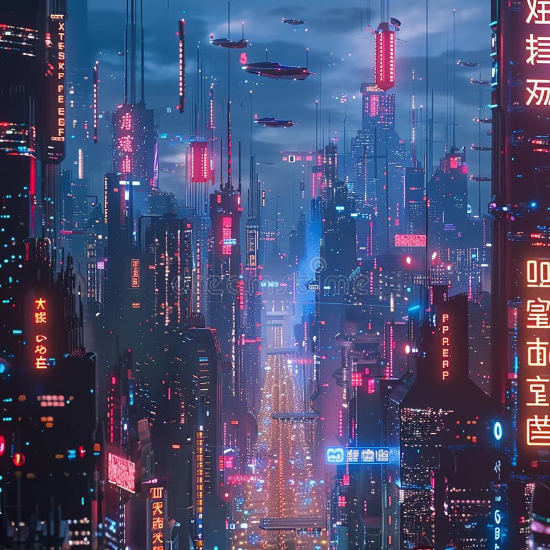 Future Cyber City with Large Technical Building and Lights Stock ...